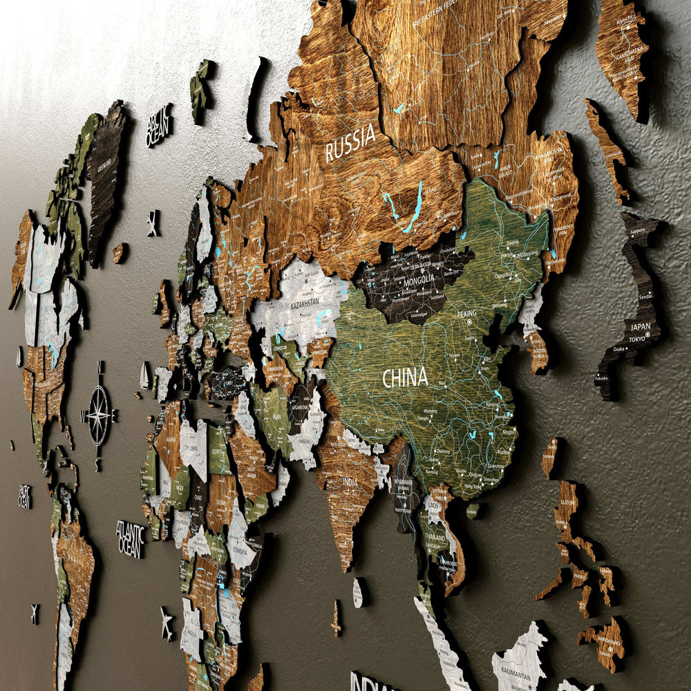 3D Wooden World Map Wall Decor - Rustic Charm & Style