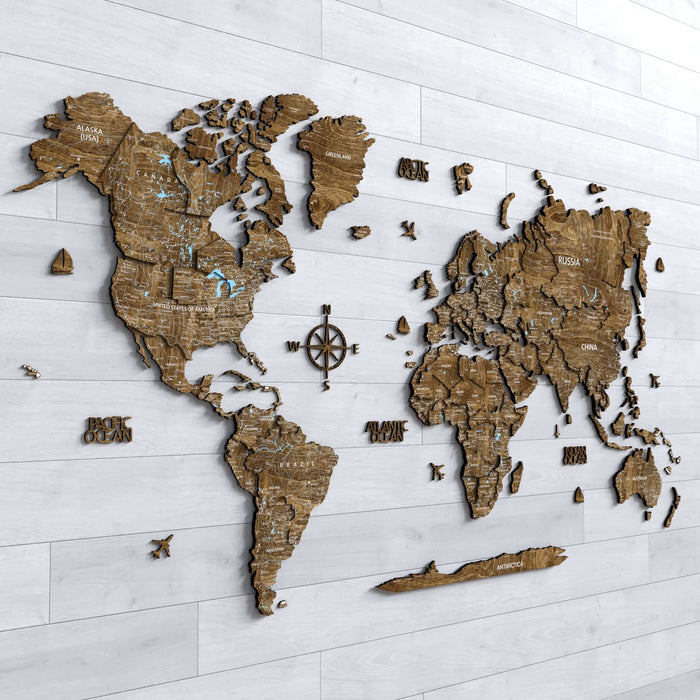 Wood World Map - Dark Brown 3d wood world map